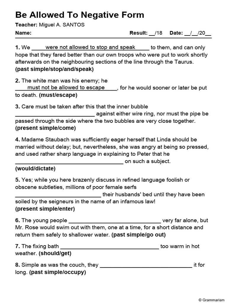 Grammarism Be Allowed To Negative Test 2 | PDF