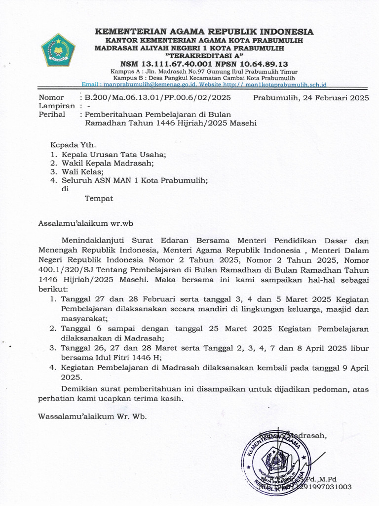 Pemberitahuan Kegiatan Pembelajaran Di Bulan Ramadhan | PDF