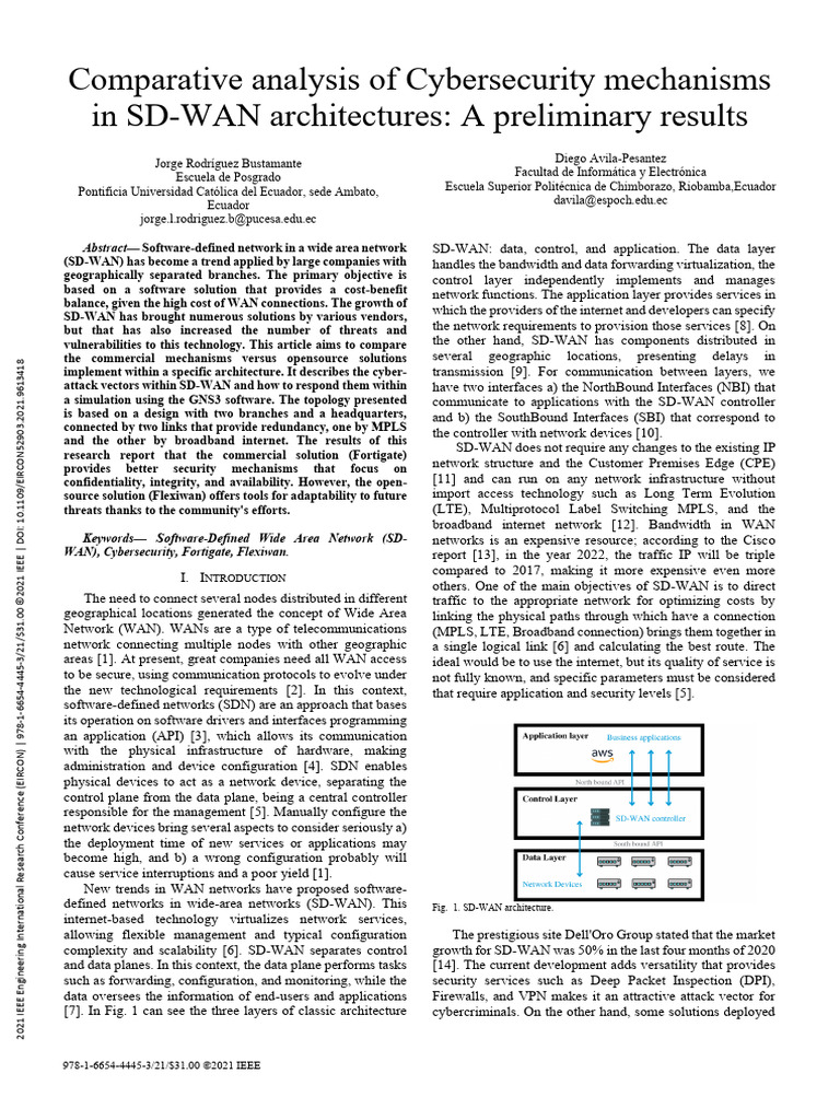 Comparative Analysis of Cybersecurity Mechanisms in SD-WAN Architectures A Preliminary Results ...