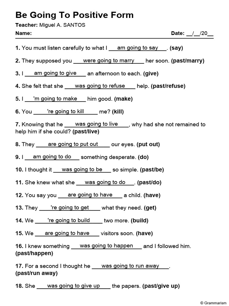 Grammarism Be Going To Positive Test 9 Solved | PDF
