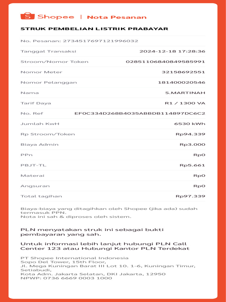 Nota Pesanan: Struk Pembelian Listrik Prabayar | PDF