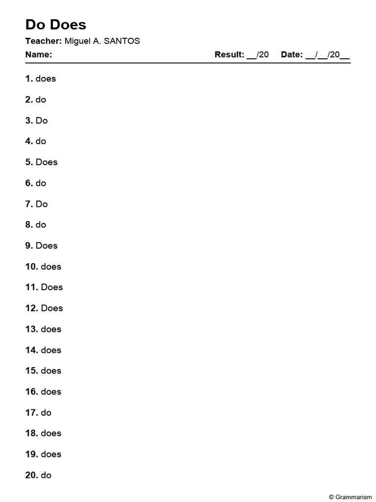 "Do vs. Does: Grammar Quiz" | PDF