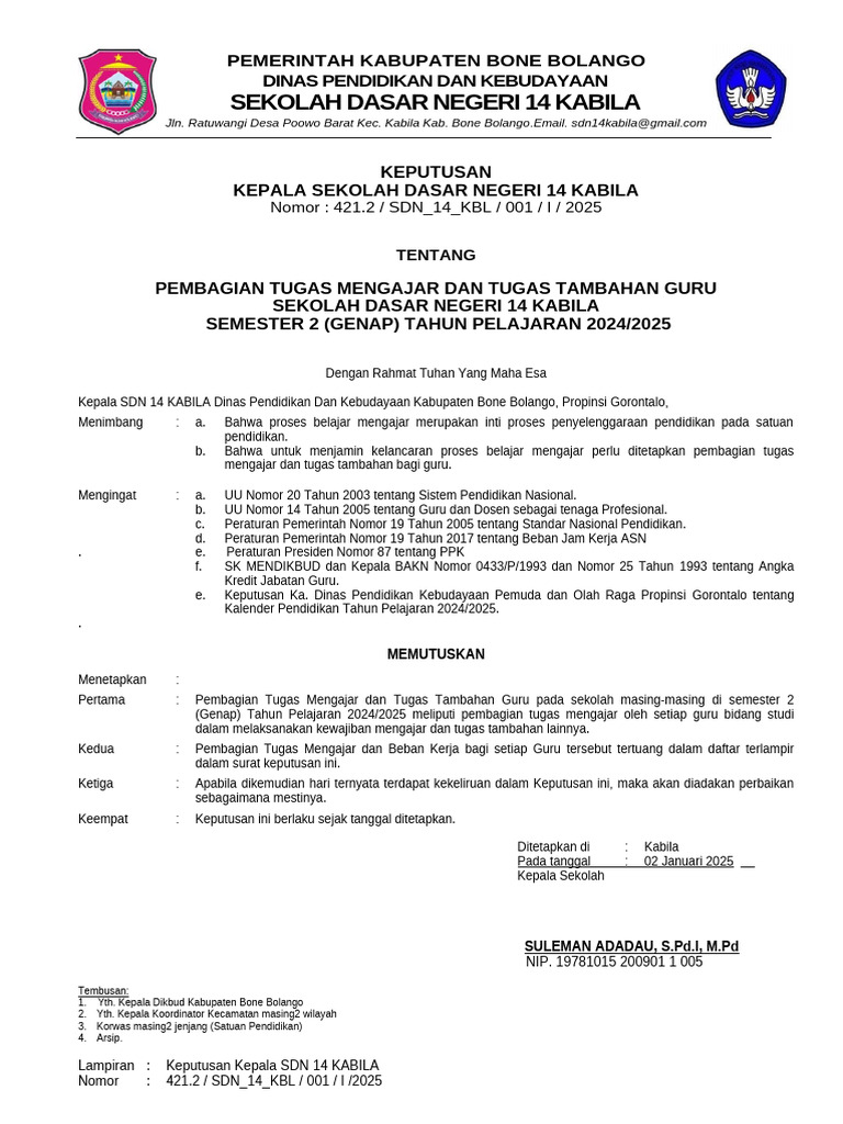 SK Pembagian Tugas Semester 2 | PDF