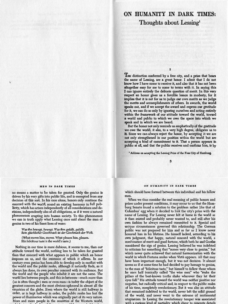 Arendt On Humanity in Dark Times-Thoughts About Lessing | PDF | Thought ...