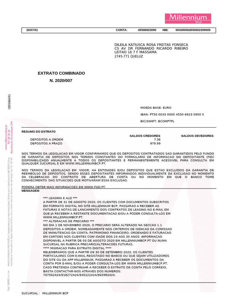 Extrato Bancário Julho 2020 - Millennium BCP | PDF | Finanças pessoais ...