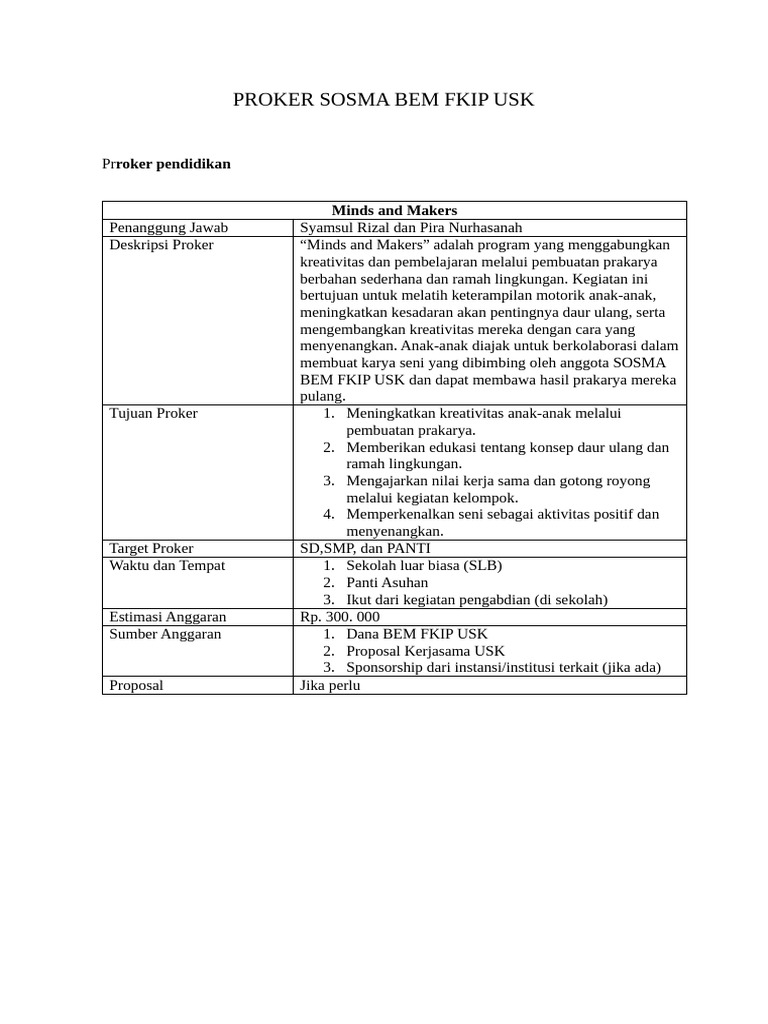Proker Pendidikan Bem Fkip Usk | PDF