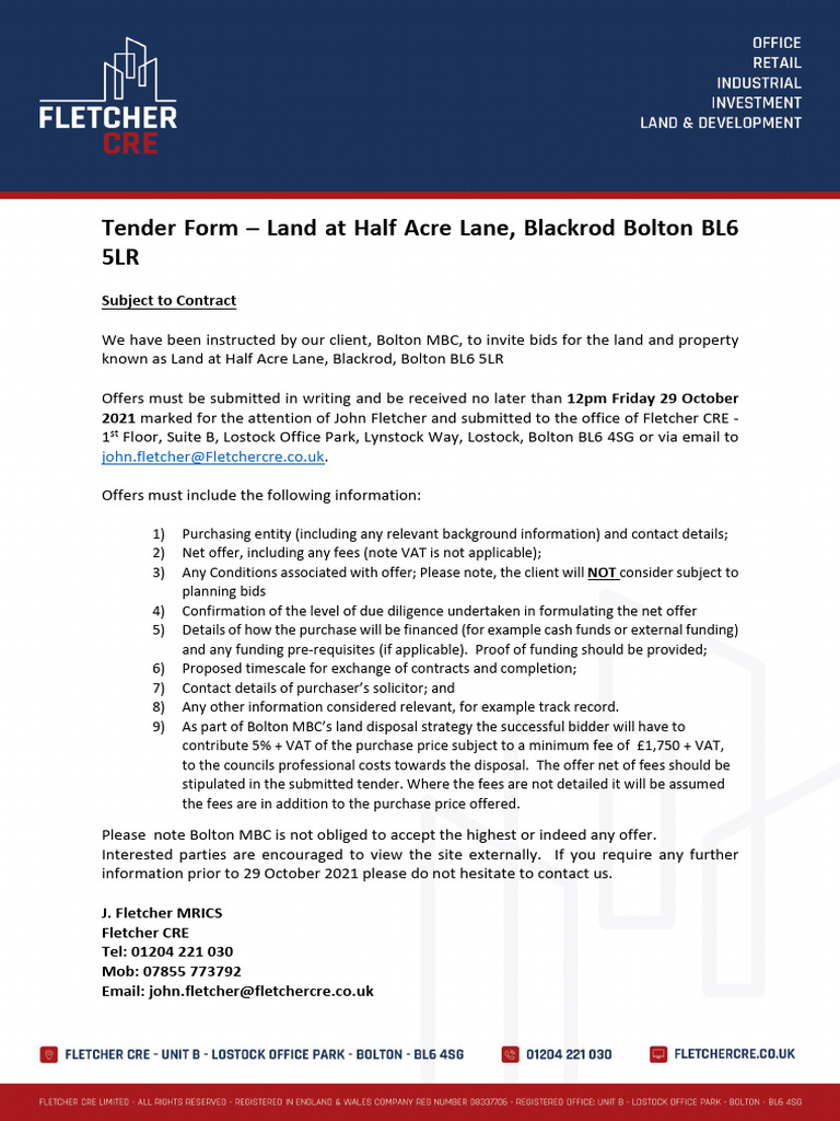 Land at Half Acre Lane Tender Form | PDF