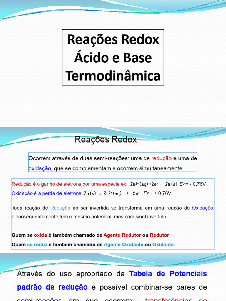 Aula Reações Redox, Acido e Base e Termodinâmica | PDF | Reações ...
