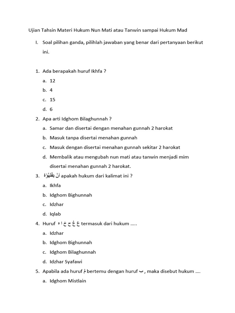 Ujian Tahsin Materi Hukum Nun Mati Atau Tanwin Sampai Hukum Mad | PDF