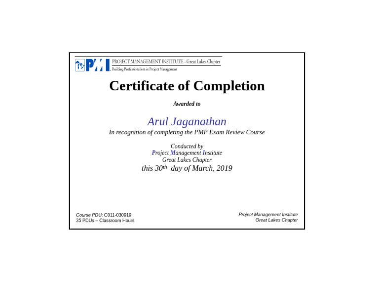 PMP Exam Review Course Completion Certificate | PDF