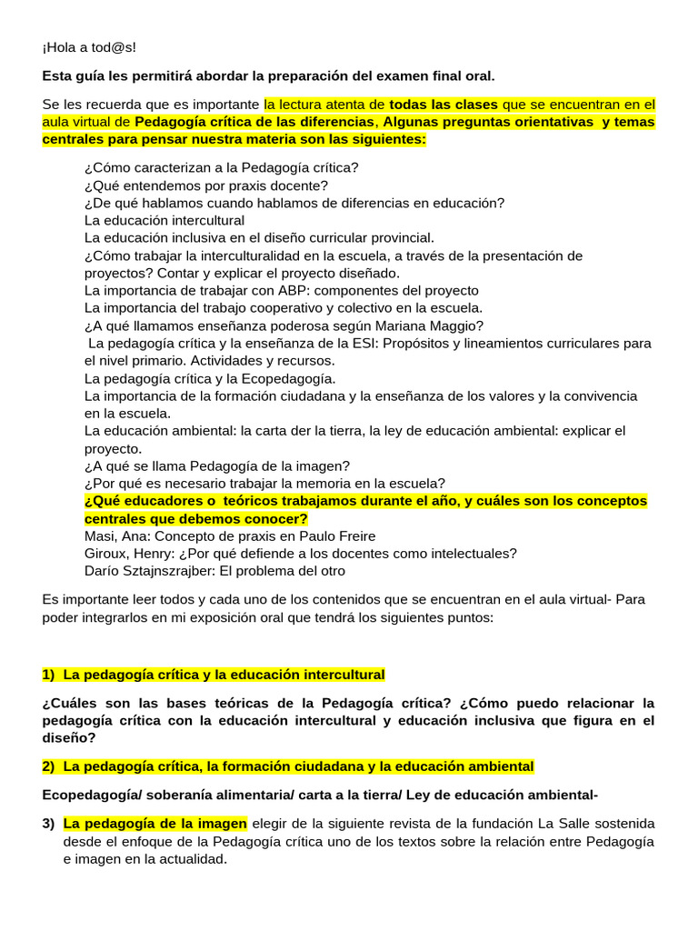 Guía para Examen Oral en Pedagogía Crítica | PDF | Pedagogía | Enseñando
