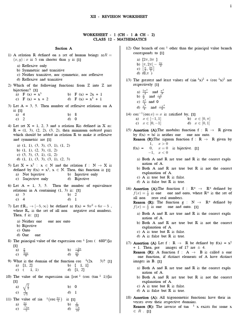 Xii-Worksheet-1-Qp (CH-1,2) | PDF | Mathematical Relations ...