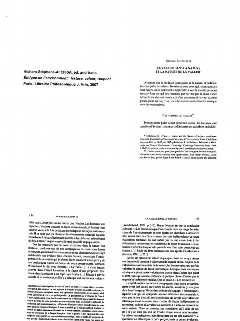 Holmes Rolston III, La Valeur de Nature Et La Nature de La Valeur | PDF