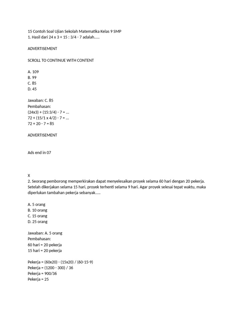 15 Contoh Soal Ujian Sekolah Matematika Kelas 9 SMP | PDF