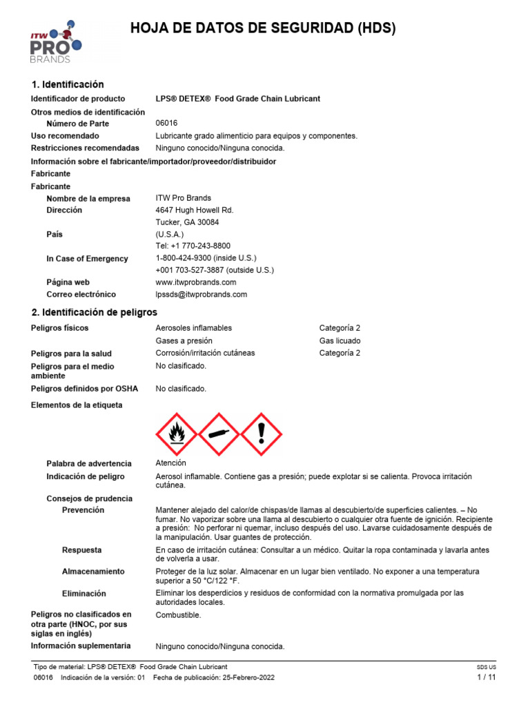 LPS Detex Food Grade Chain Lubricant Aerosol US Spanish | PDF