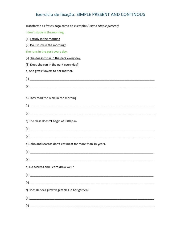 Exercício de Fixação Simple Present e Continuous | PDF