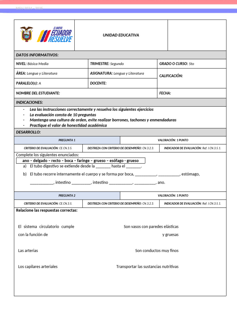 Examen de CCNN 5to | PDF | Sistema respiratorio | Artería