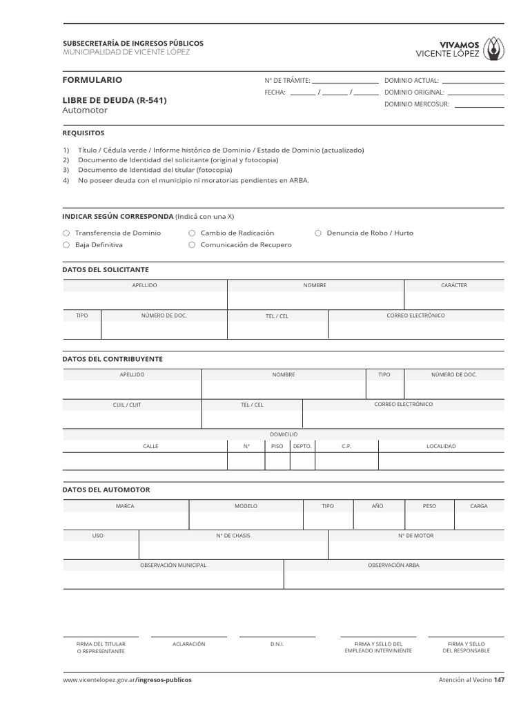 Formulario Auto Libre Deuda (R-541) | PDF | Gobierno y personalidad | Ciudadanía