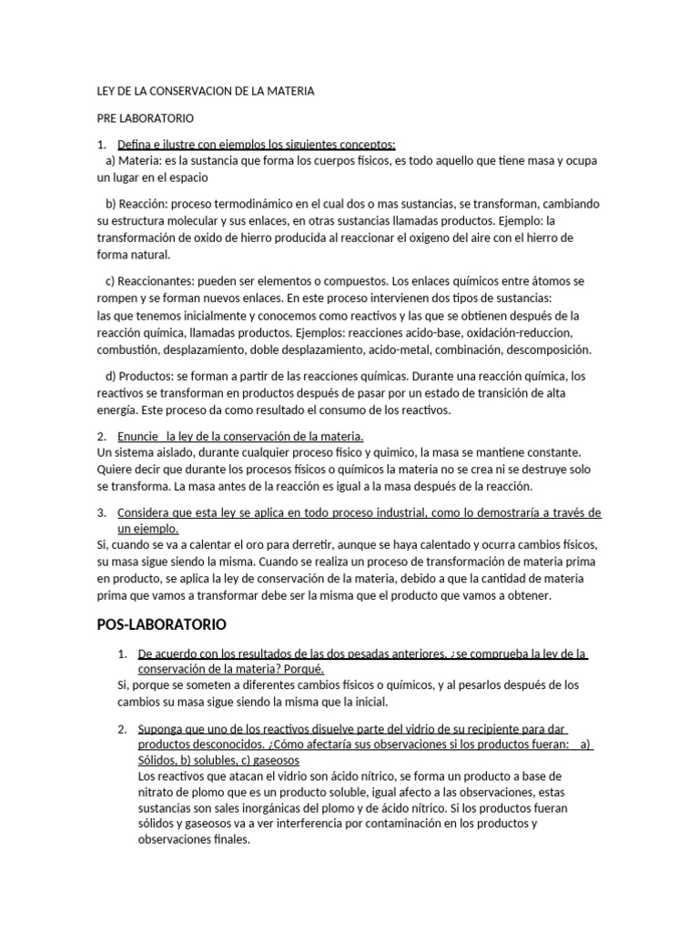 Ley de La Conservacion de La Materia | PDF | Reacciones químicas | Química