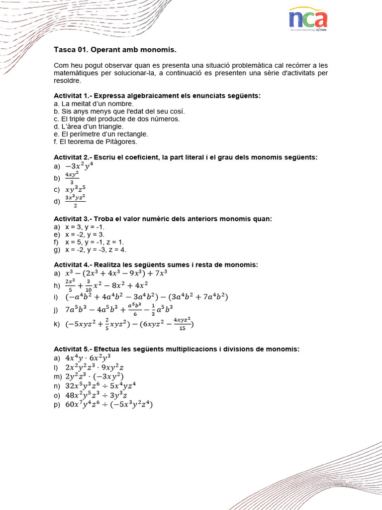 CTC - ESO2.IN02.MT - Tasca 01 Operacio Monomis | PDF