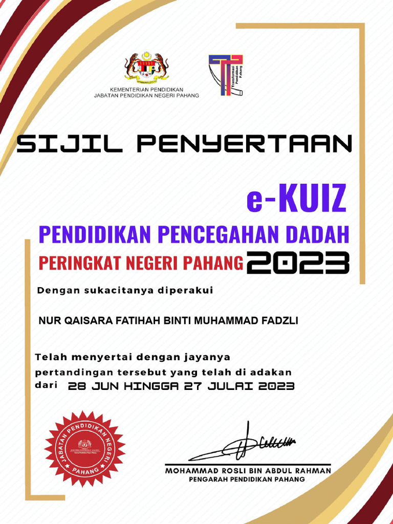 Sijil E-Kuiz Antidadah Ppda 2023 | PDF