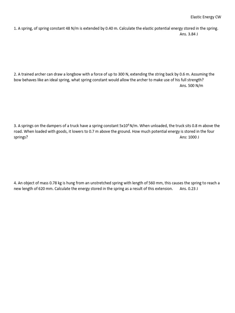 Elastic Potential Energy Calculations | PDF