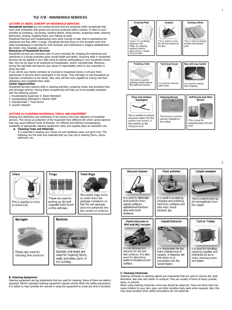 Household Services Handouts | PDF | Housekeeping | Personal Protective ...