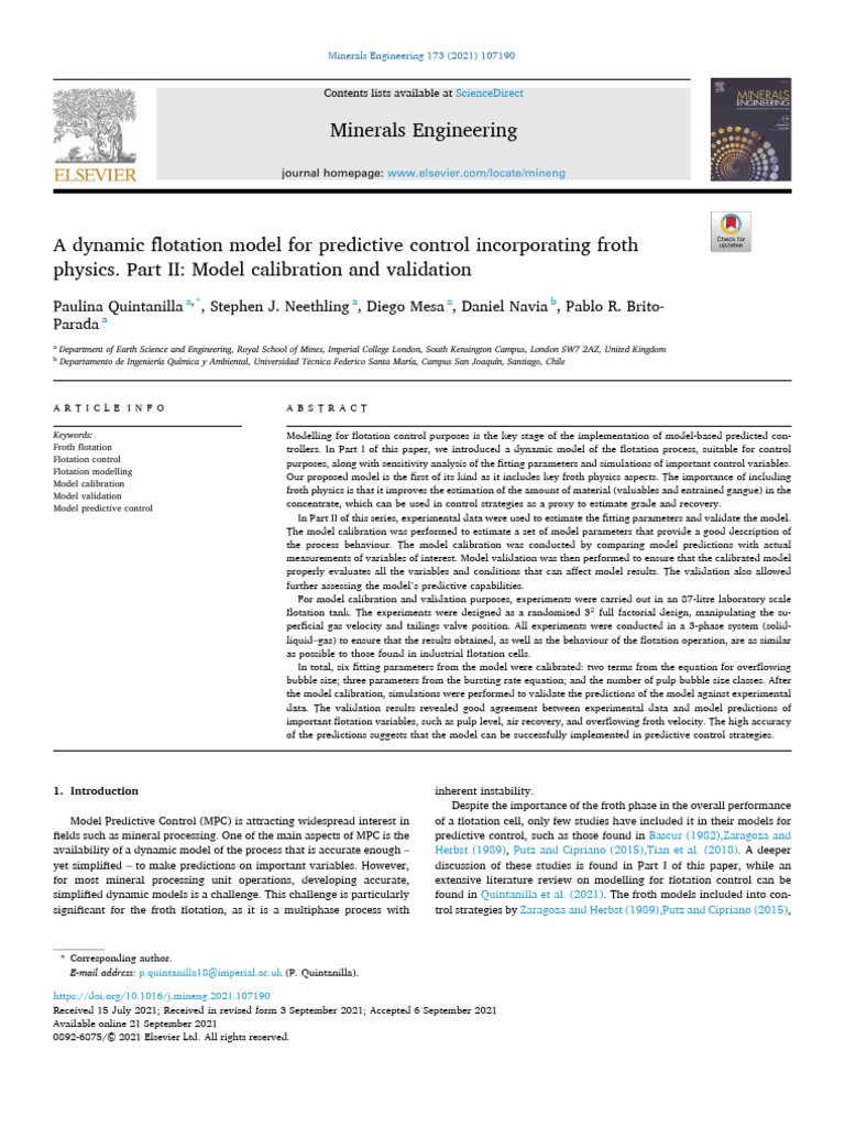 A Dynamic Flotation Model For Predictive Control Incorporating Froth Physics. Part II Model ...