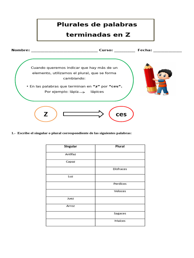Guia Plurales de Palabras Terminadas en Z | PDF