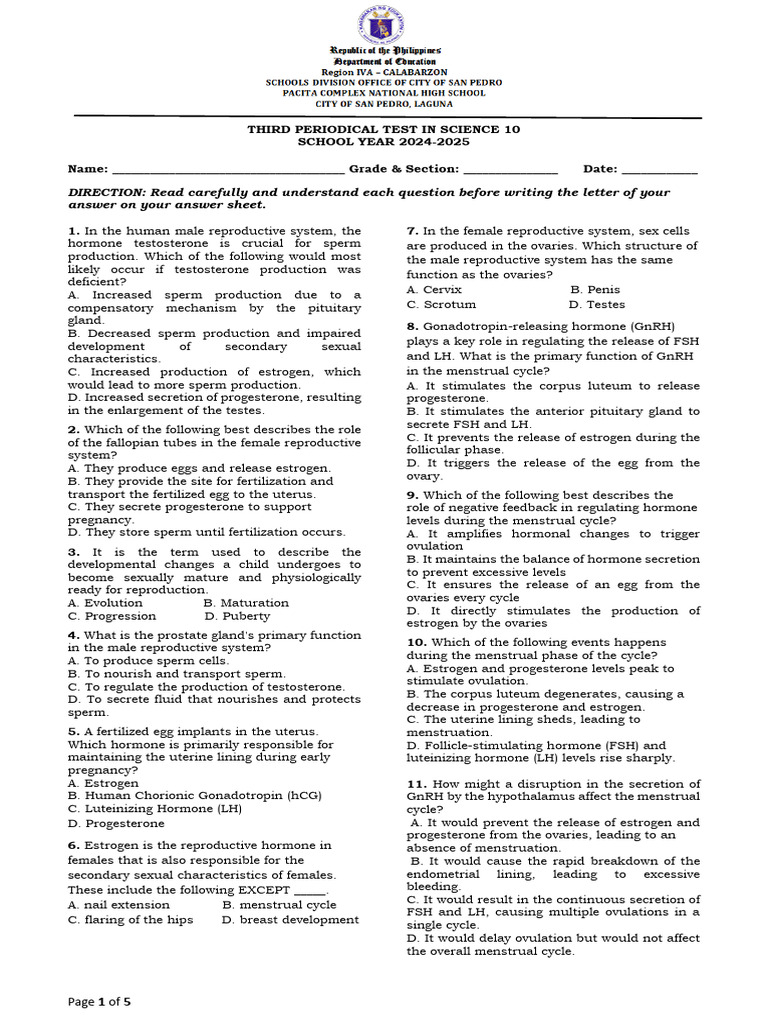 Q3-PERIODICAL-TEST-SY-24-25 | PDF | Menstrual Cycle | Luteinizing Hormone