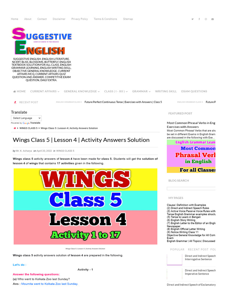 Wings Class 5 - Lesson 4 - Activity Answers Solution - SUGGESTIVE ...