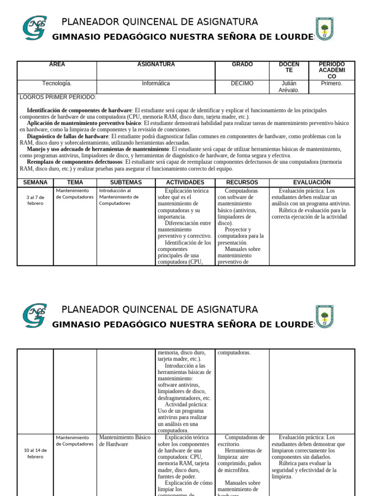 Planeador GPNSL INFORMATICA DECIMO | PDF | Hardware de la computadora | Ciencias de la Computación