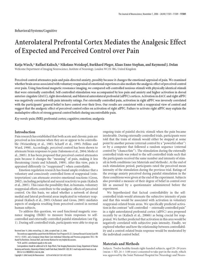 Anterolateral Prefrontal Cortex Mediates The Analgesic Effect of ...
