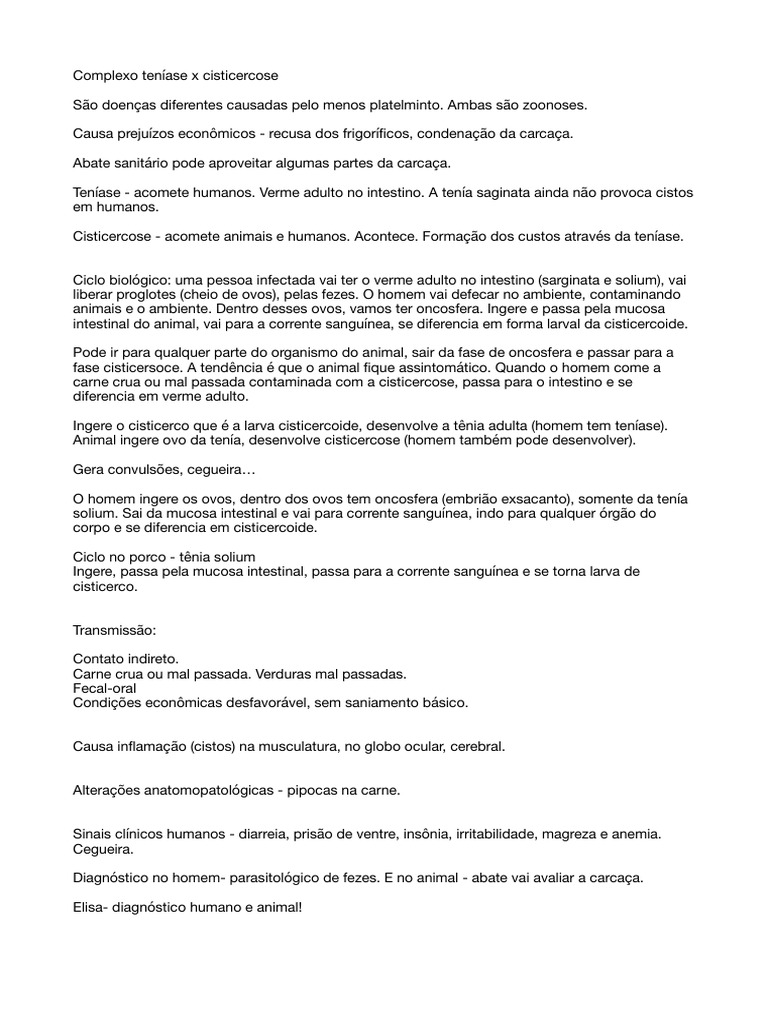 Tênia e Cisticercose: Diferenças e Impactos | PDF | Doenças e ...
