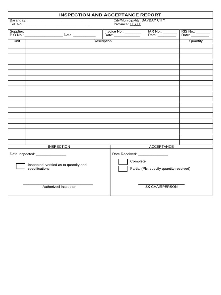 Inspection and Acceptance Report Template | PDF