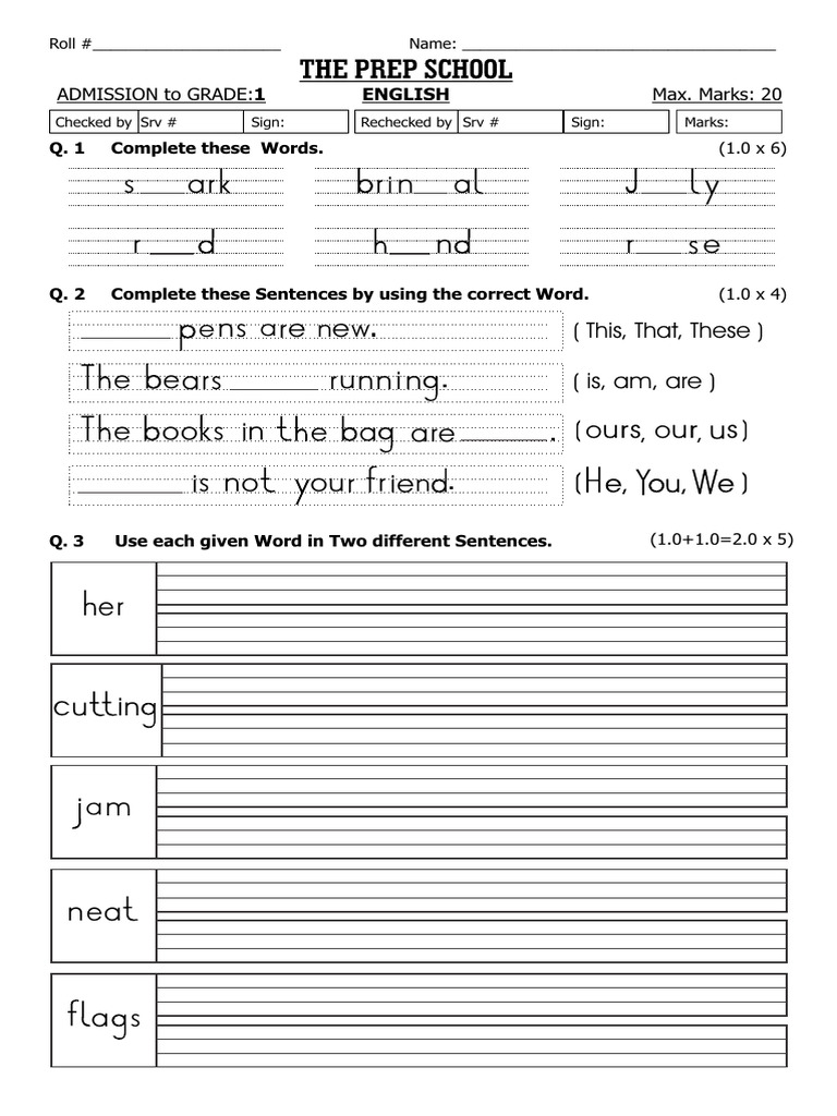 Grade 1 Admission Test Paper 2025 | PDF
