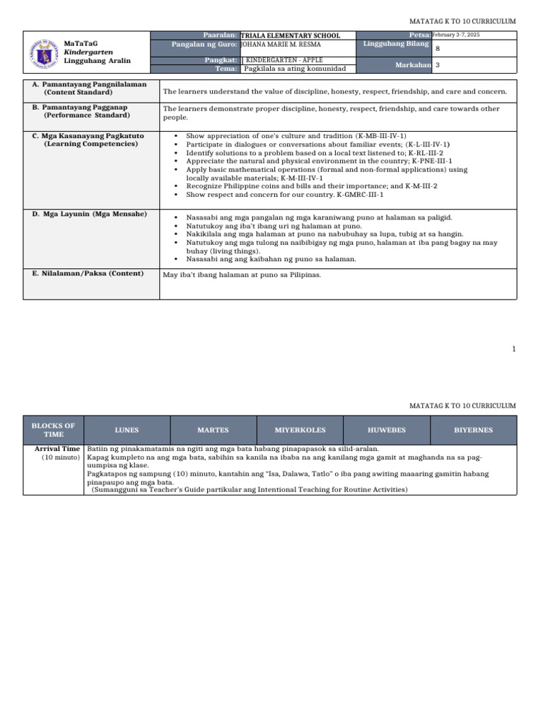 DLL_KINDERGARTEN_Q3_W8 | PDF