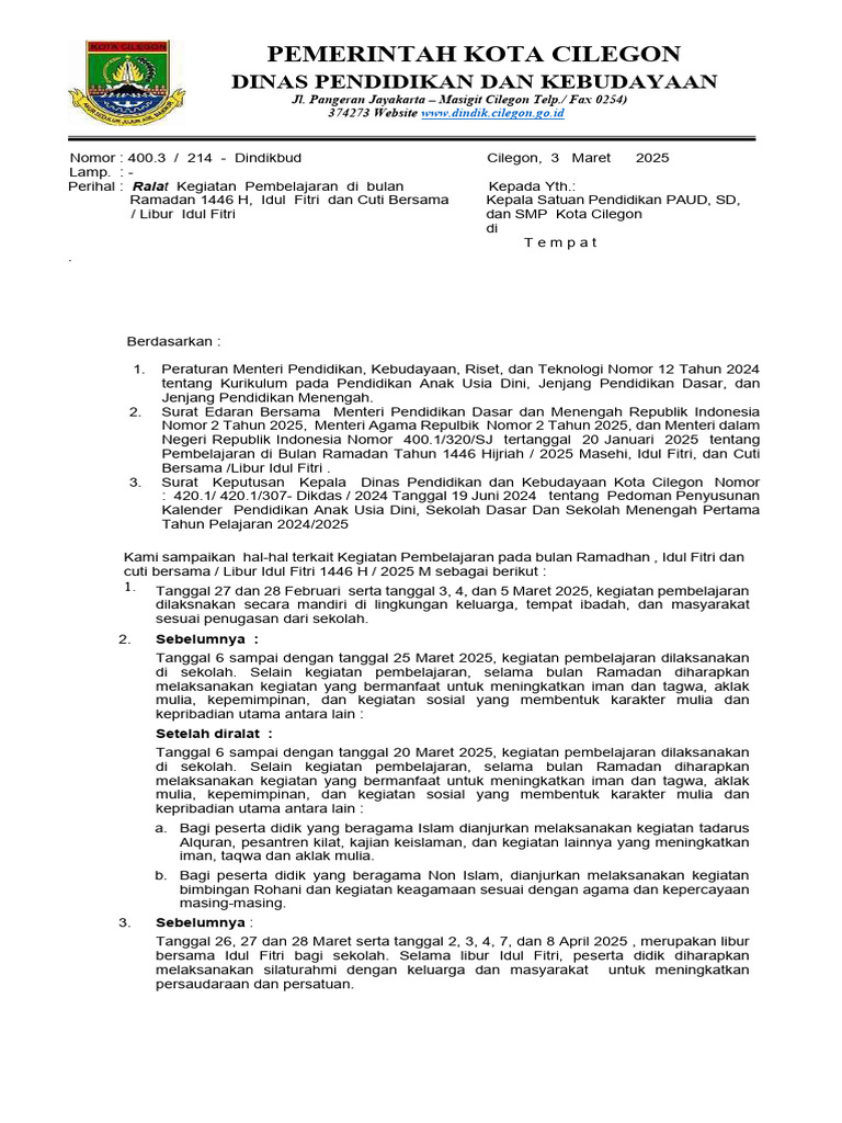 RALAT SURAT KEGIATAN KBM DI BULAN RAMADAN 1446 H, CUTI BERSAMA Atau LIBUR IDUL FITRI | PDF