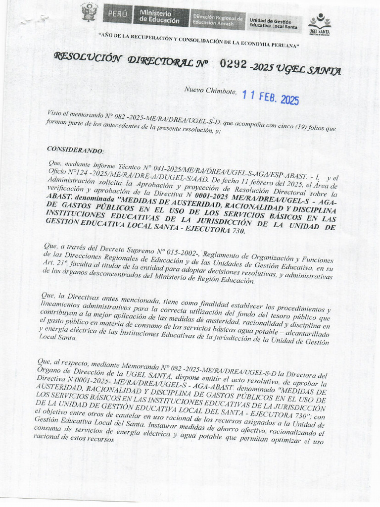 Directiva N 001-2025 de Servicio Basicos - Ugel Santa | PDF