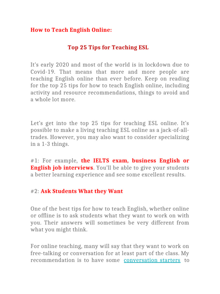 25 Tips for Teaching English Online | PDF | English As A Second Or ...