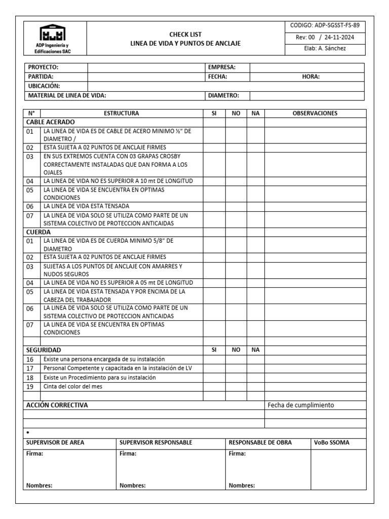 Check List Línea de Vida y Anclajes | PDF