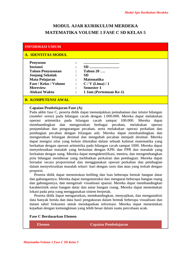 Modul Ajar MTK Volume 1 Semester 1 | PDF