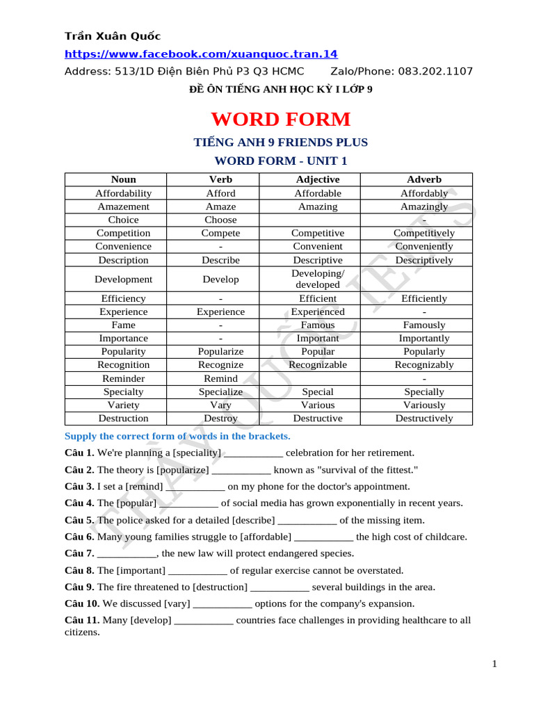 ĐỀ ÔN TIẾNG ANH HỌC KÌ I LỚP 9 - WORD FORM & SENTENCE TRANSFORMATION ...