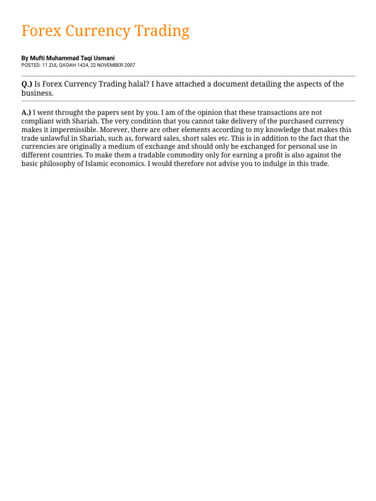Fatwa Forex Currency Trading Taqi Usmani | PDF