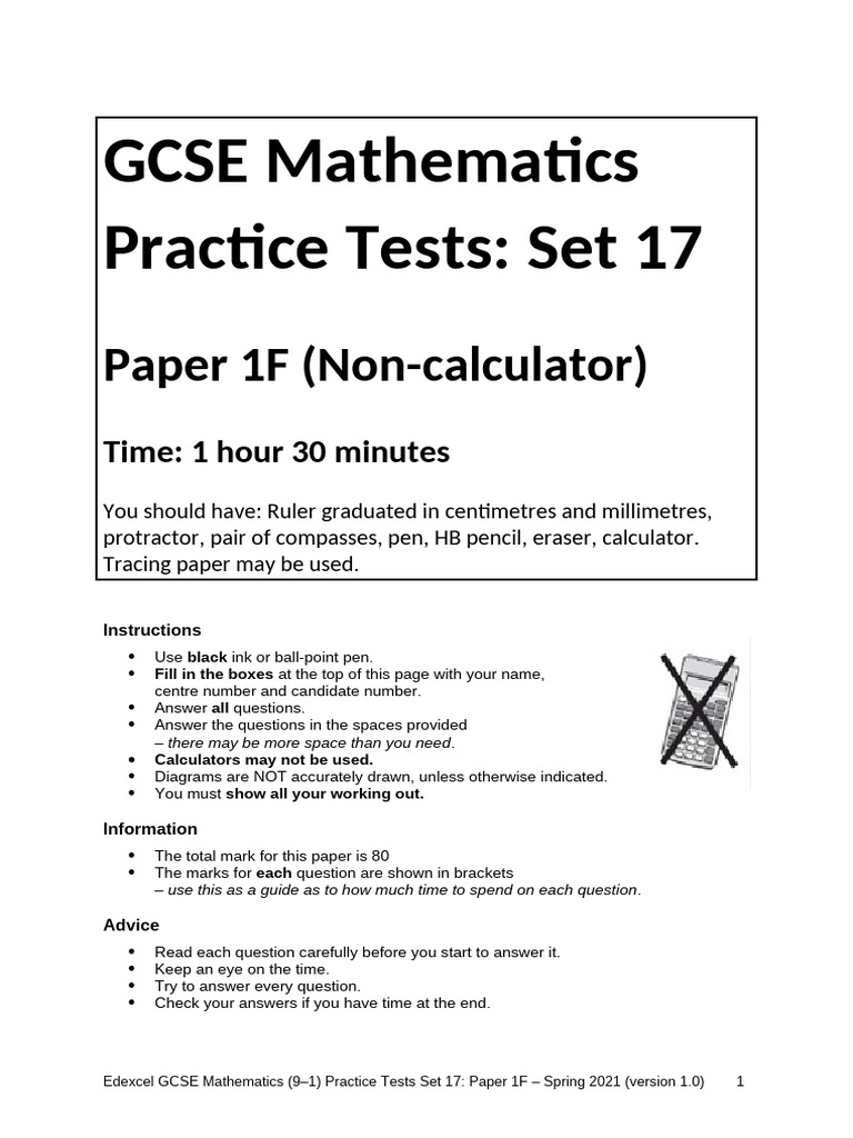 GCSE Maths Practice Test Paper 1F | PDF | Mathematics