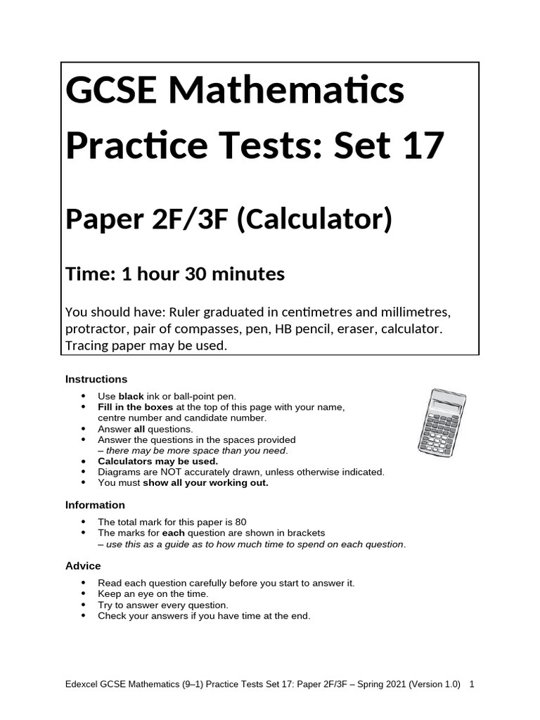 Practice Tests Set 17 - Paper 2F/3F - QP - GCSE Maths 1MA1 | PDF