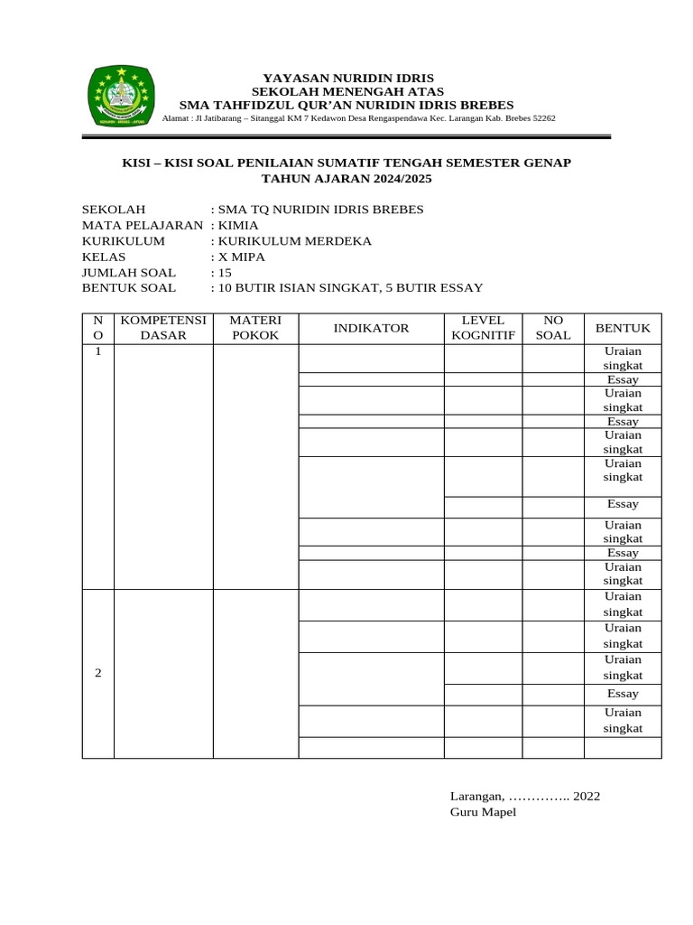 PSTS Genap Kimia X_094037 | PDF