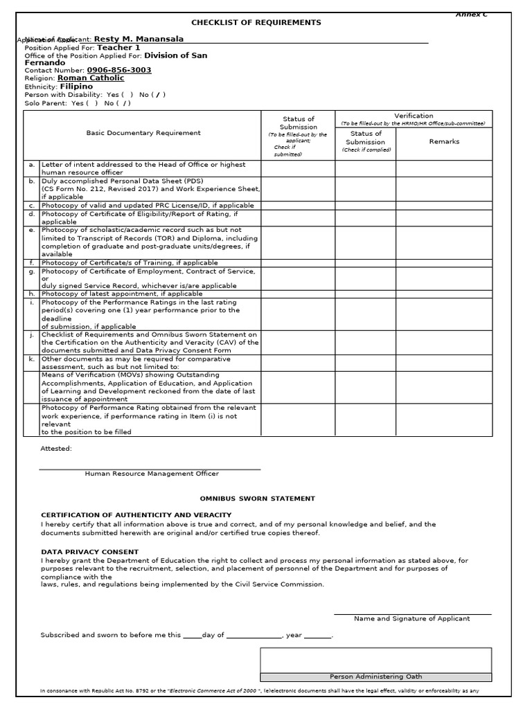 Annex C-Checklist of Requirements and Omnibus Sworn Statement | PDF