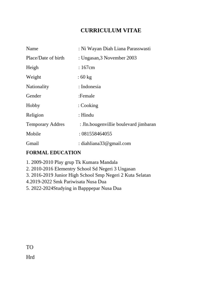 CURRICULUM VITA (Diah Liana) P | PDF