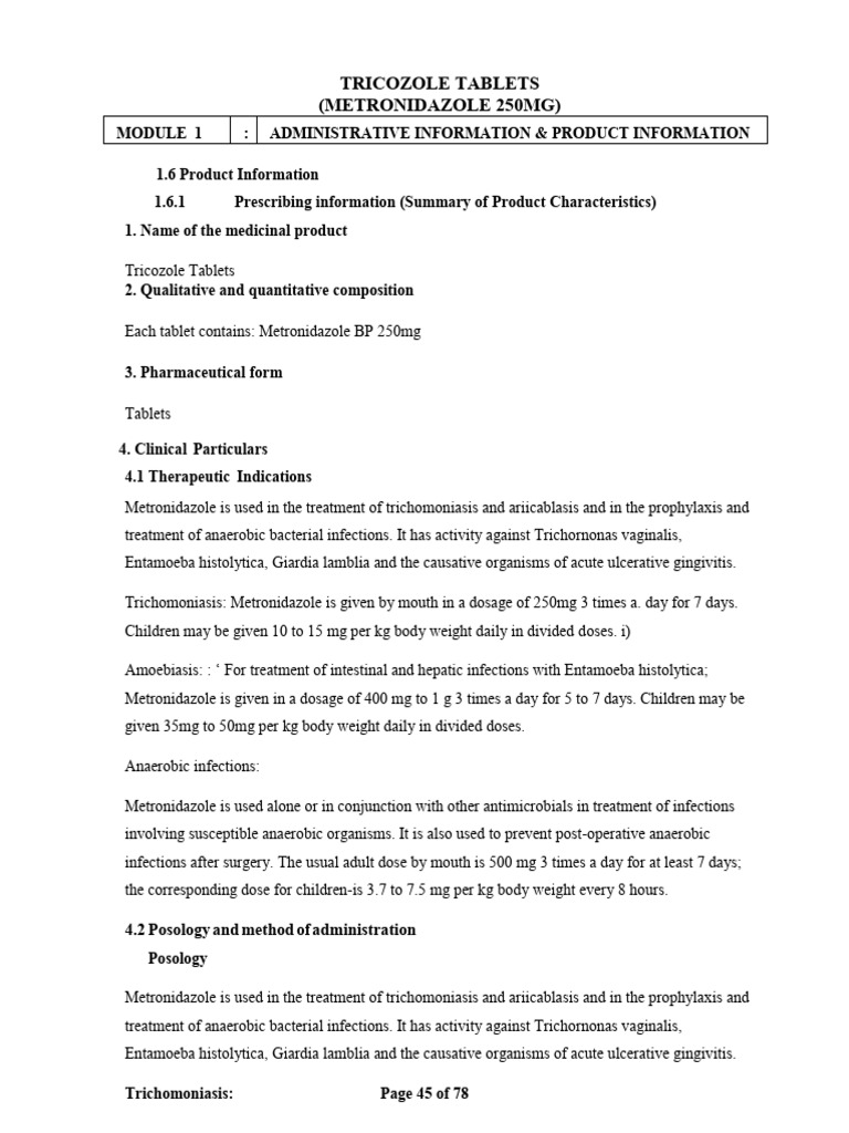 Tricozole Metronidazole BP Tablets 250MG SMPC | PDF | Dose ...